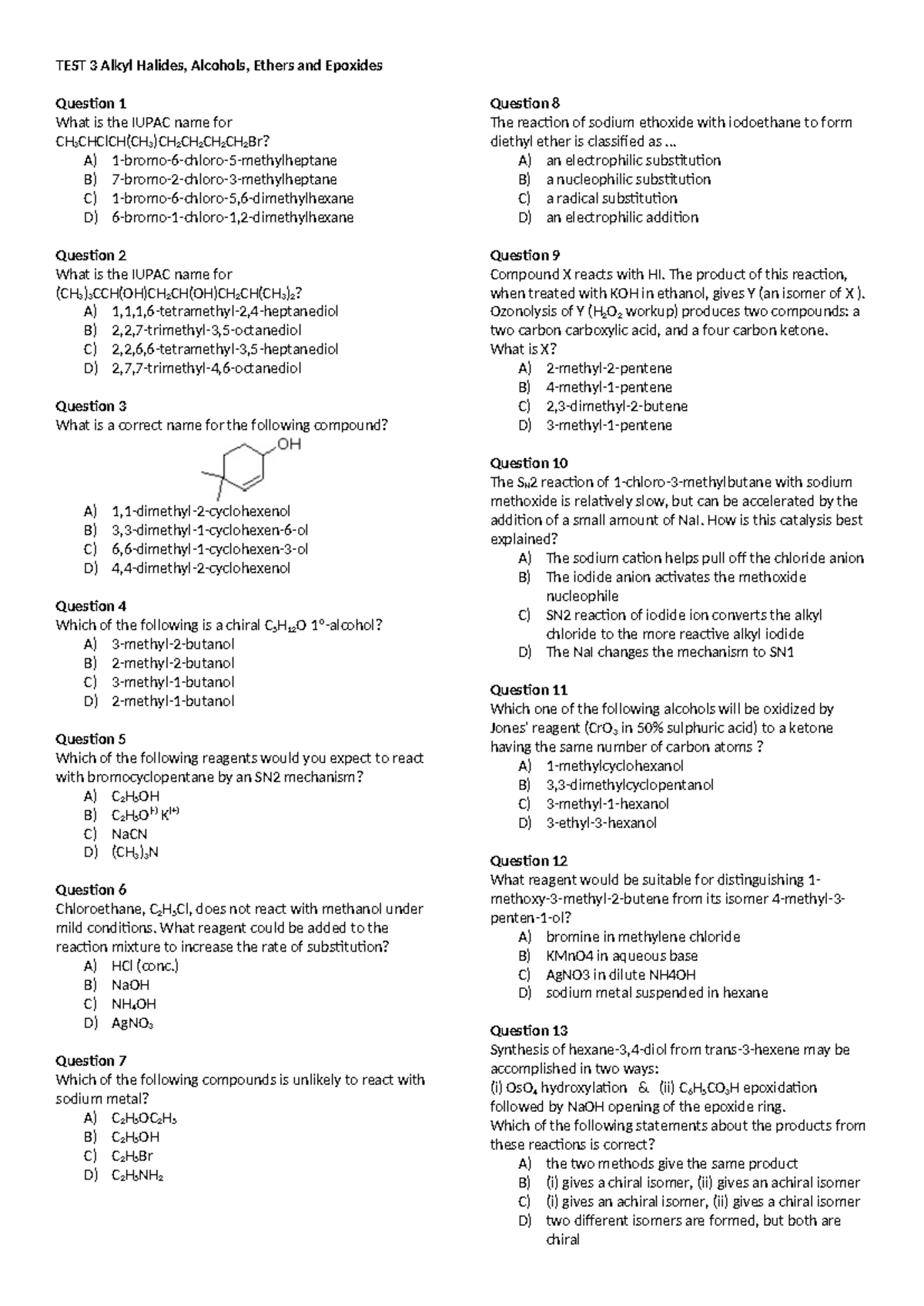 TEST 3 & 4: Alkyl Halides, Alcohols, Ethers, Epoxides & Stereochemistry ...
