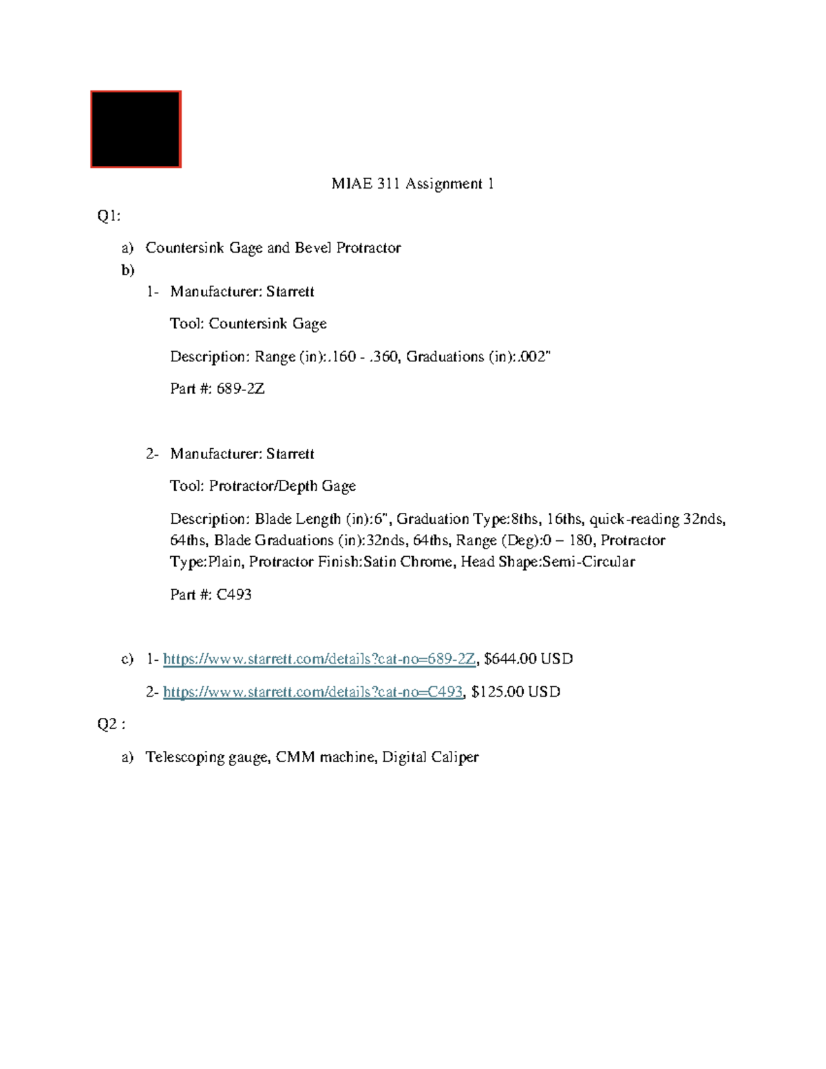 MIAE 311 Assignment 1: Measurement Tools and Techniques Analysis - Studocu
