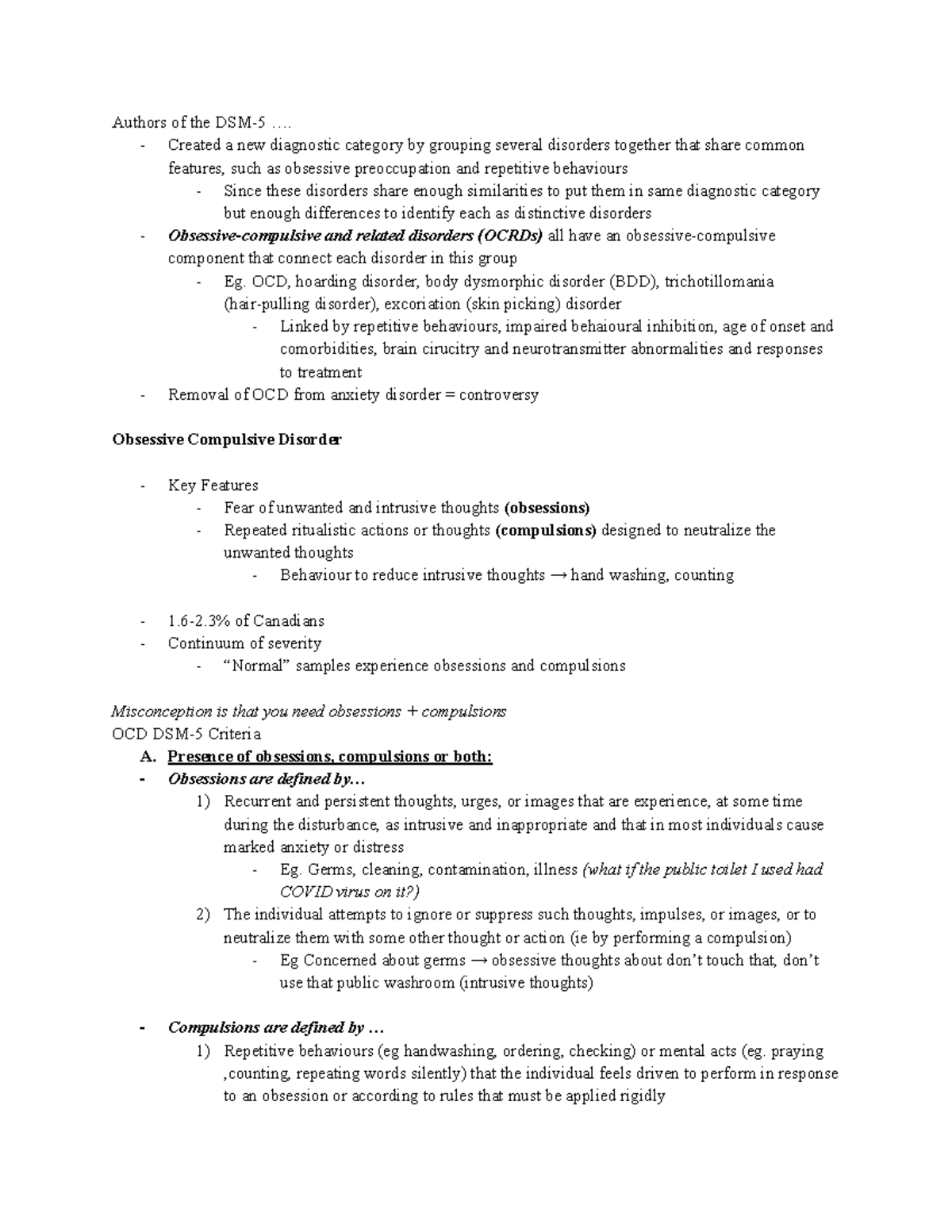 Psych 2AP3 Week 5 Lecture Notes on OCD and Related Disorders - Studocu