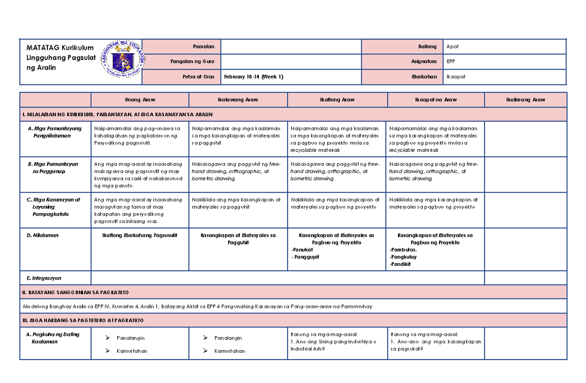 Q4 W1 EPP4 Matatag - Weekly Lesson Plan on Tools and Materials - Studocu