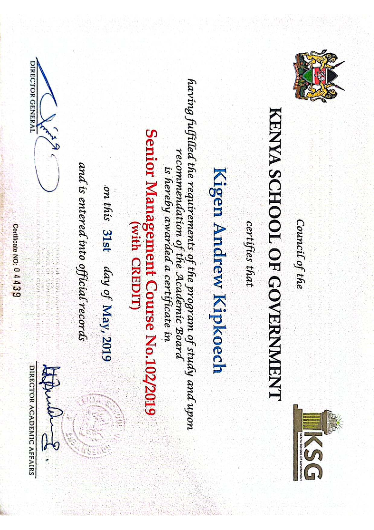Certificate of Completion: Senior Management Course (SMC) - KSG - Studocu