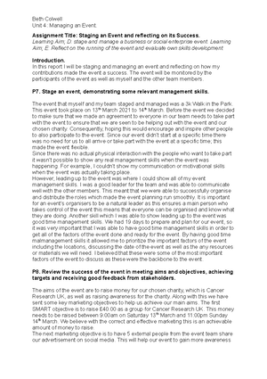Level 3 Business Unit 4 Assignment 1. Managing an Event - Assignment Title: Could I be an event ...