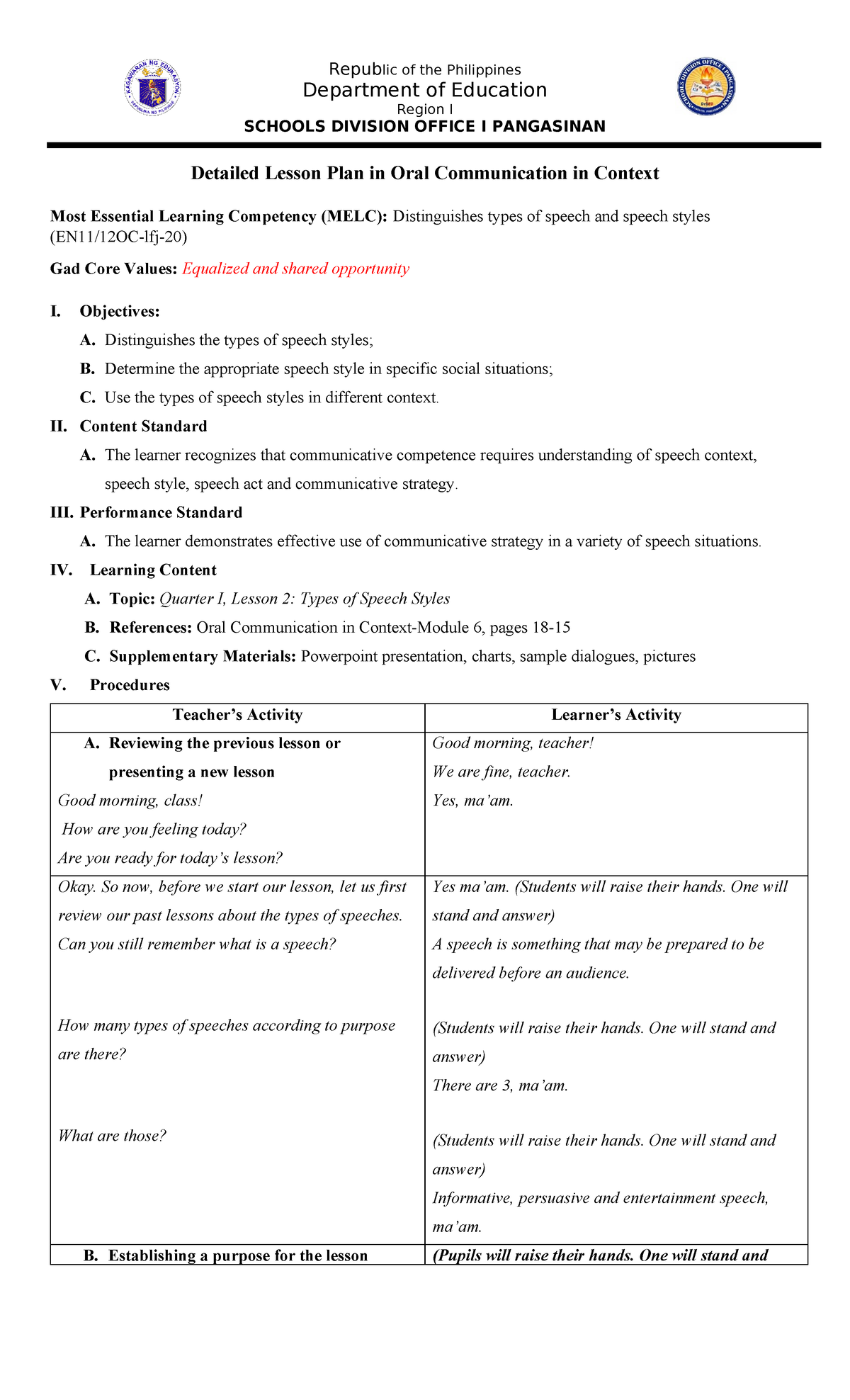 SHS-DLP - Lesson Plan on Speech Styles in Oral Communication - Studocu