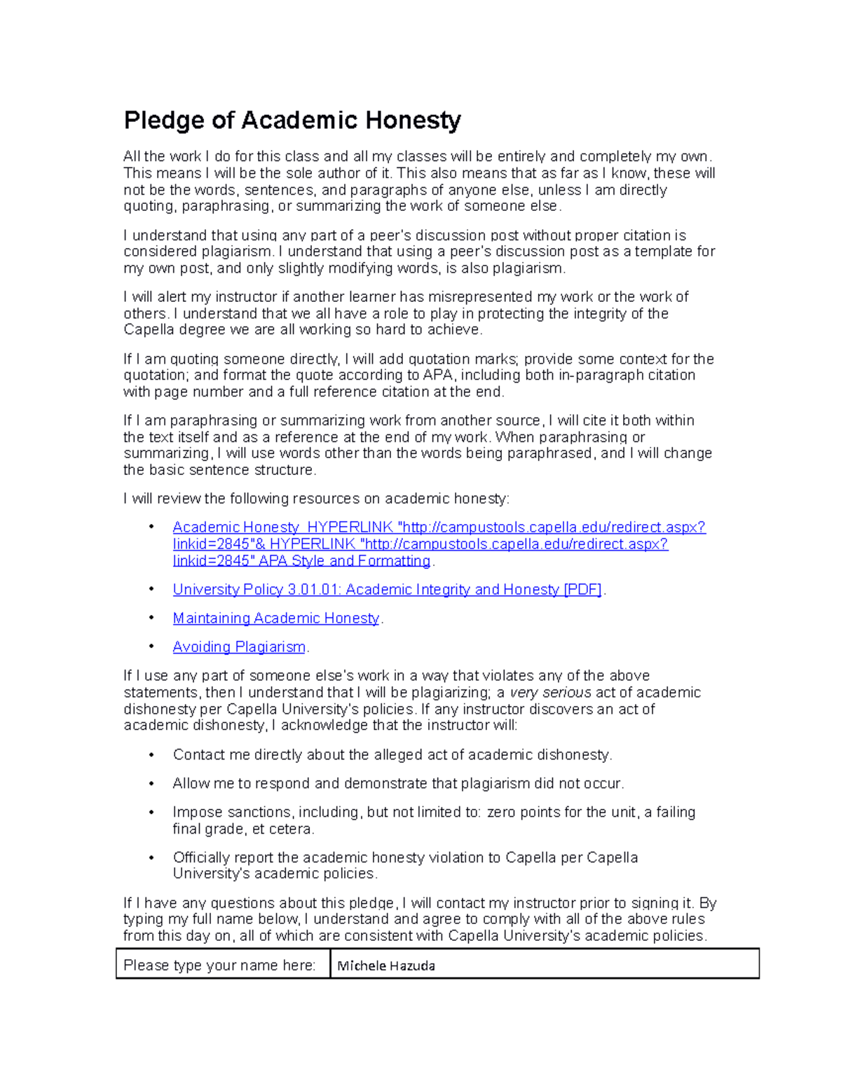 Cf Academic Honesty Pledge and Guidelines for Integrity - Studocu