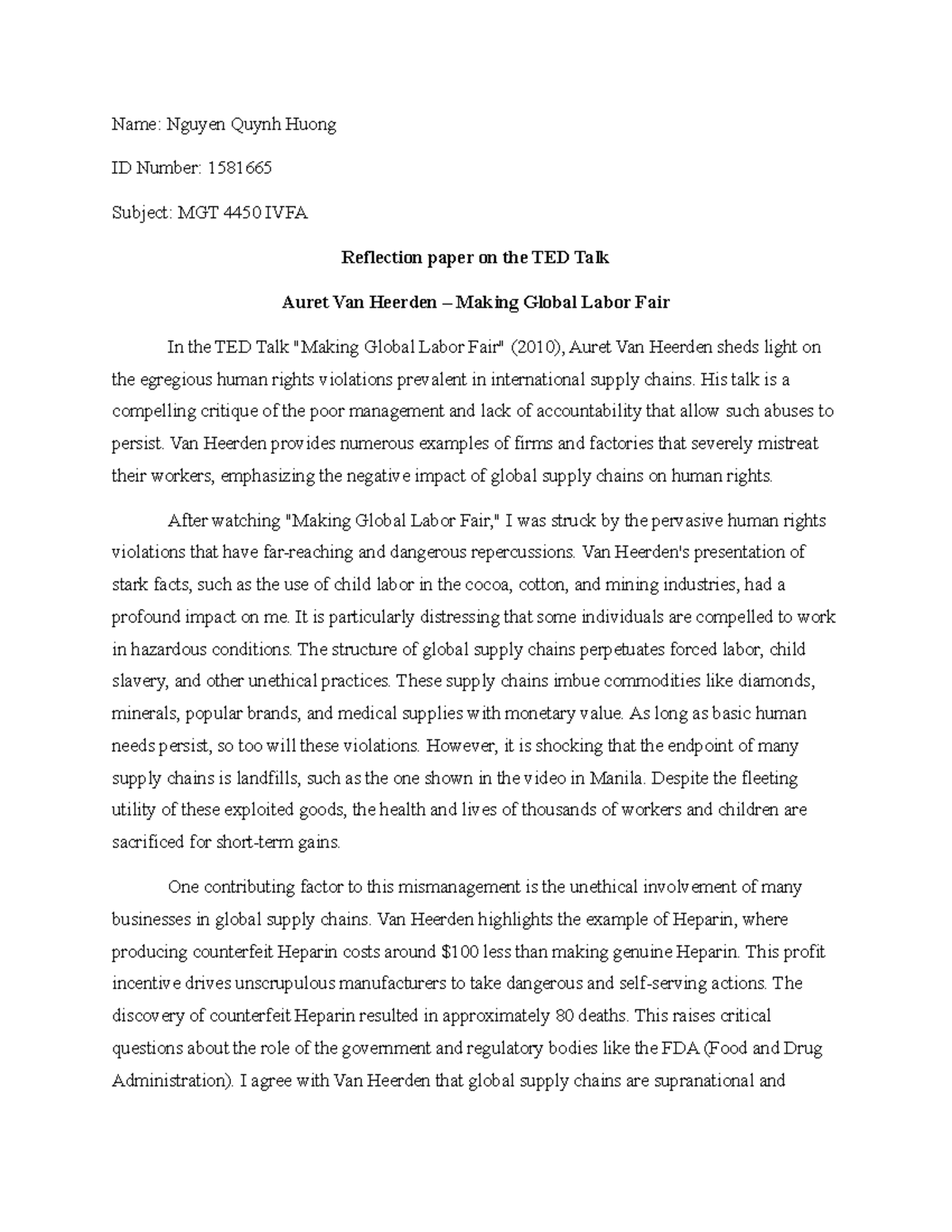 MGT 4450 Reflection paper on TED talk Making Labor Fair - Name: Nguyen ...