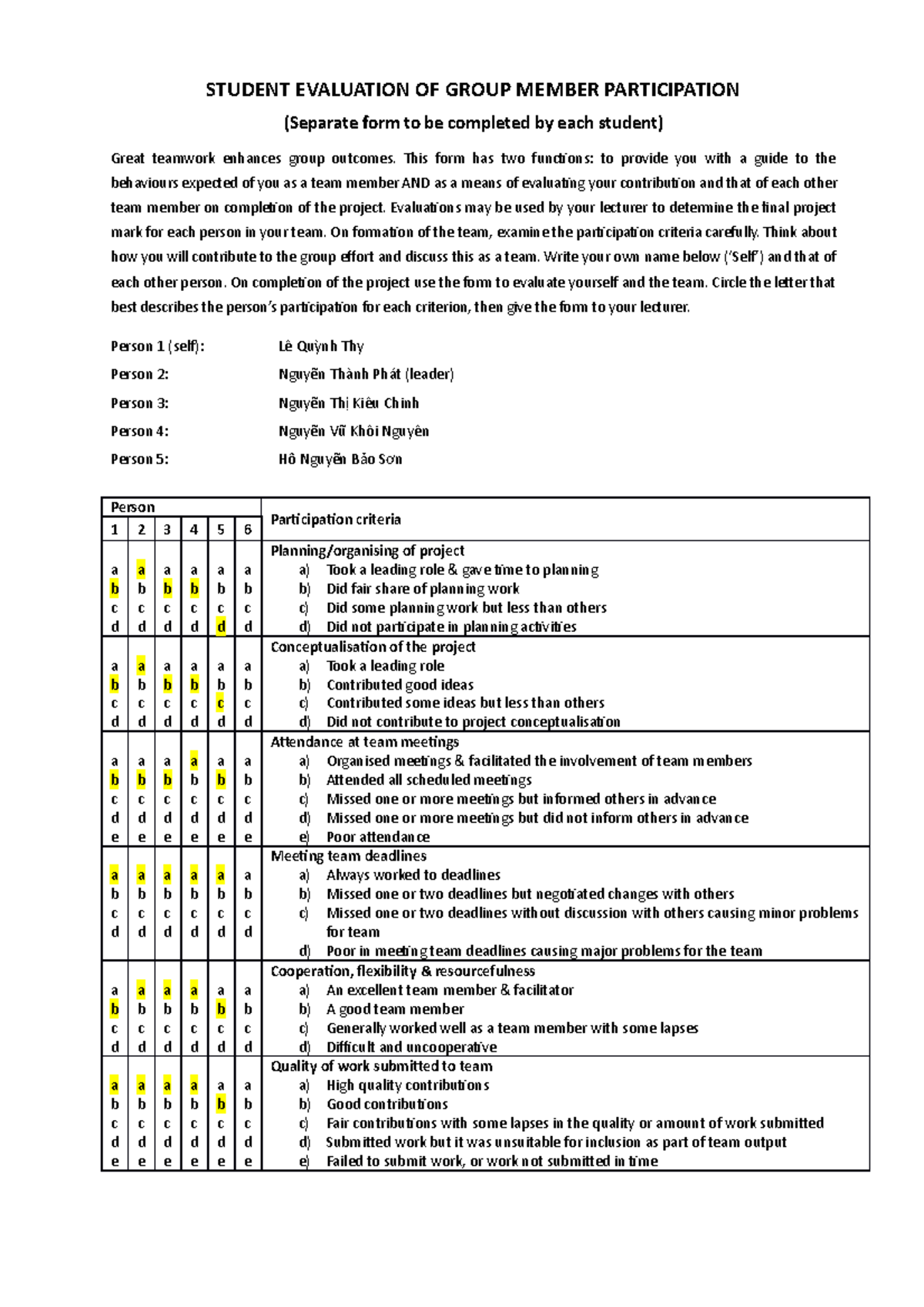 Student Evaluationof Group Members Sheet ISB - STUDENT EVALUATION OF ...