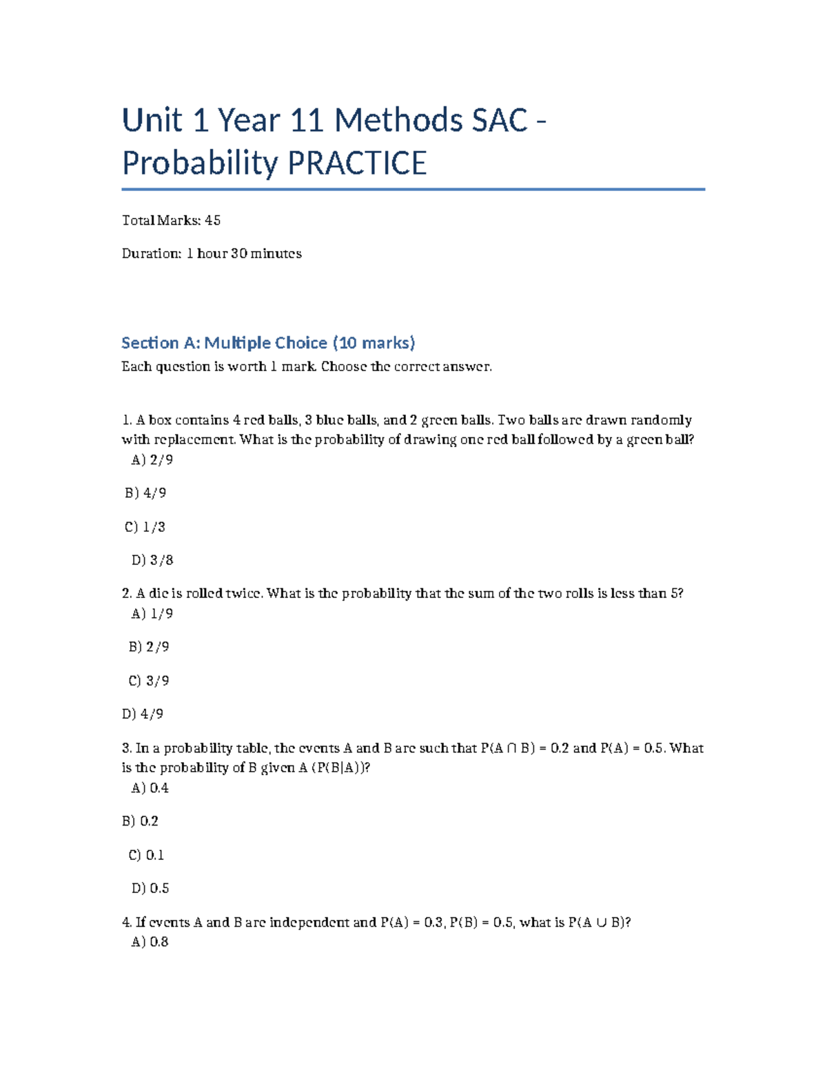 VCAA Year 11 Methods Unit 1 Probability SAC Practice Exam - Studocu