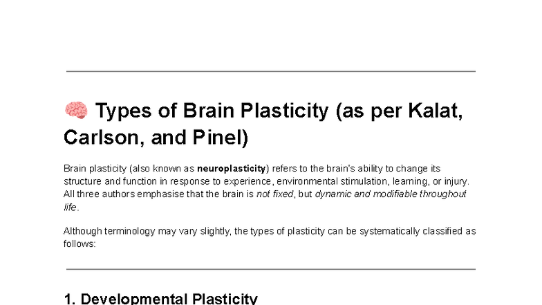 Types of Brain Plasticity: Insights from Kalat, Carlson, and Pinel ...
