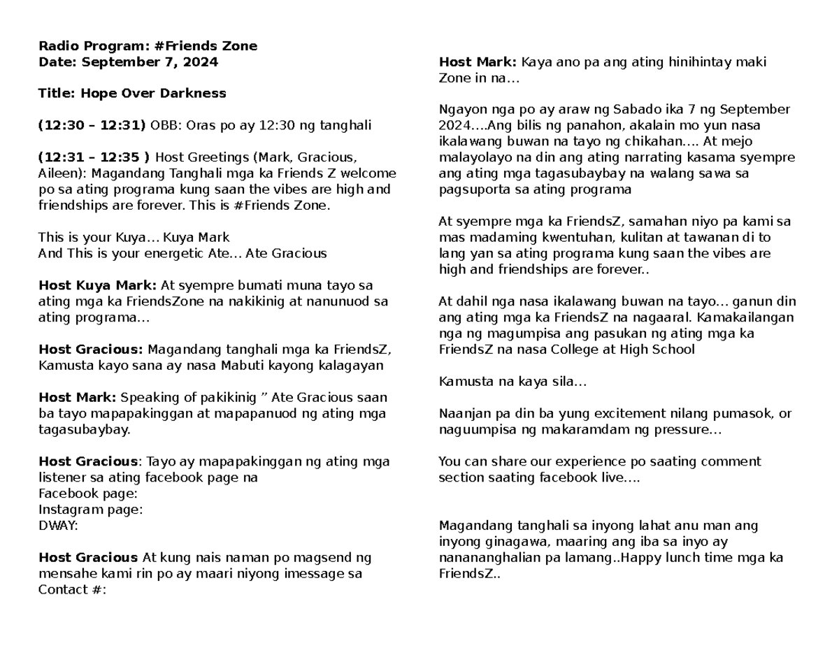 Hope Over Darkness - Sample Script - Radio Program: #Friends Zone Date ...