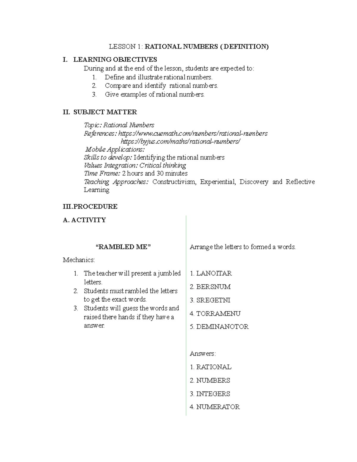 MATH LESSON PLAN ABOUT RATIONAL NUMBERS FOR ELEMENTARY GRADES IN GRADE ...