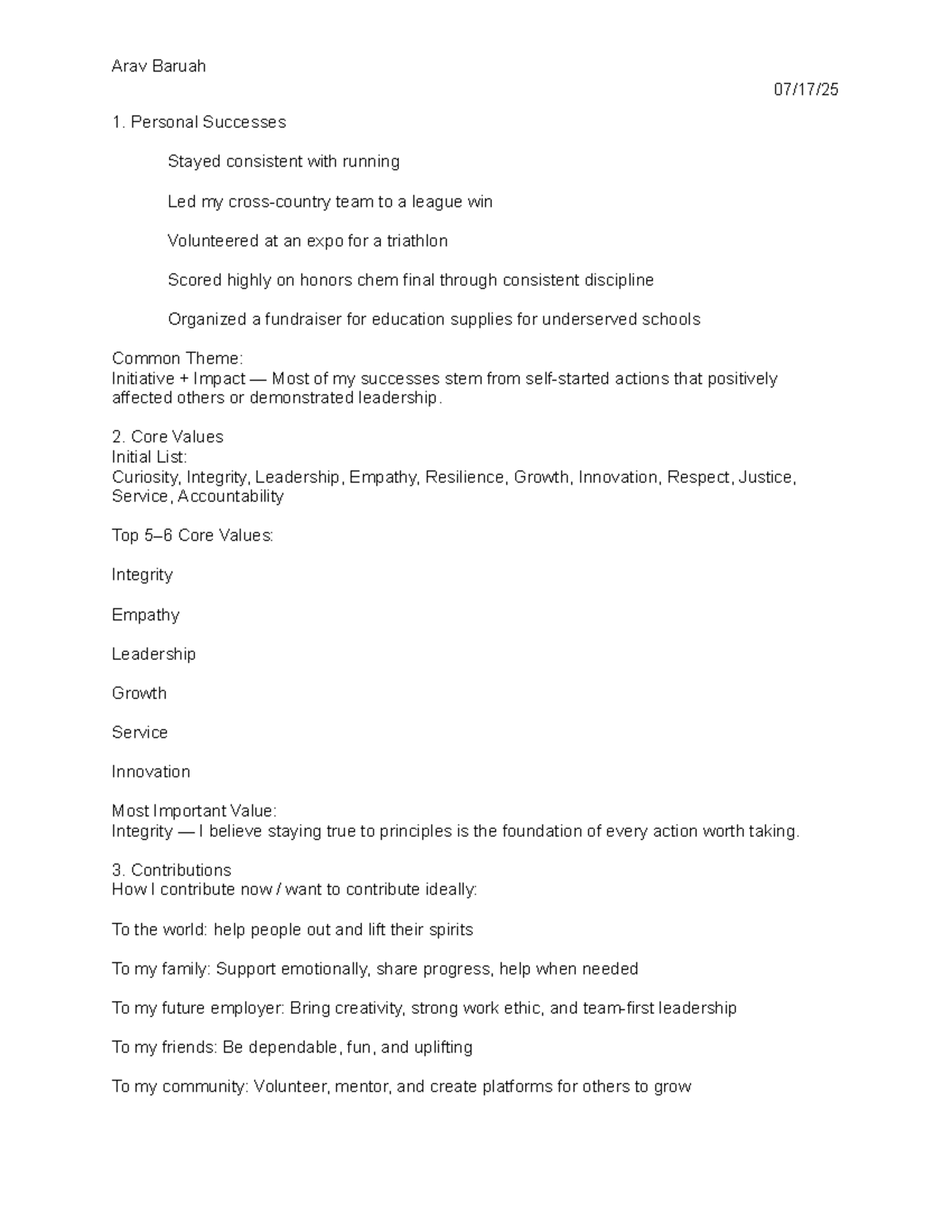 Personal Successes and Core Values Reflection Essay - Studocu