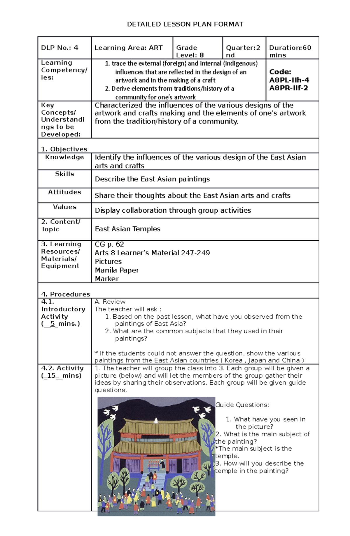 Detailed Lesson Plan for ARTS 7: East Asian Art Influences - Studocu