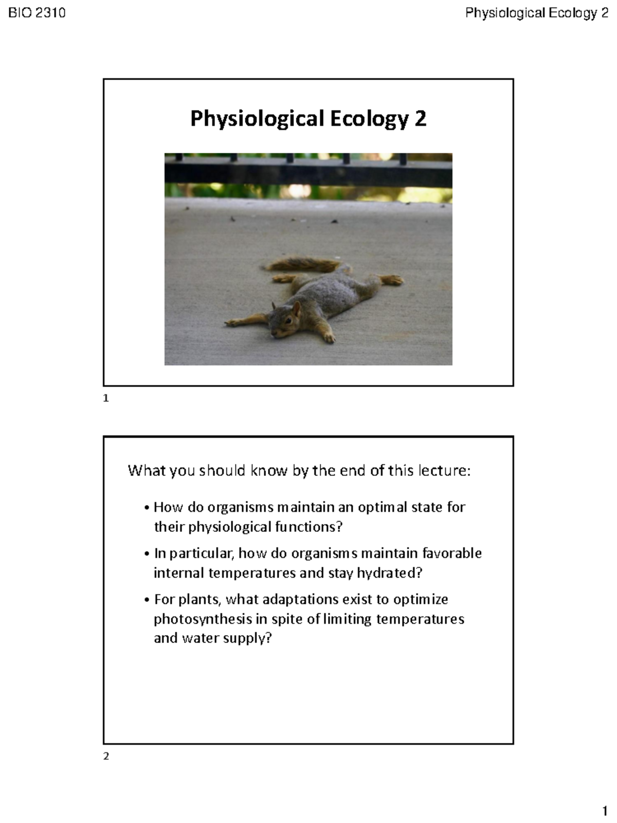 BIO 2310 Physiological Ecology 2: Homeostasis & Photosynthesis ...