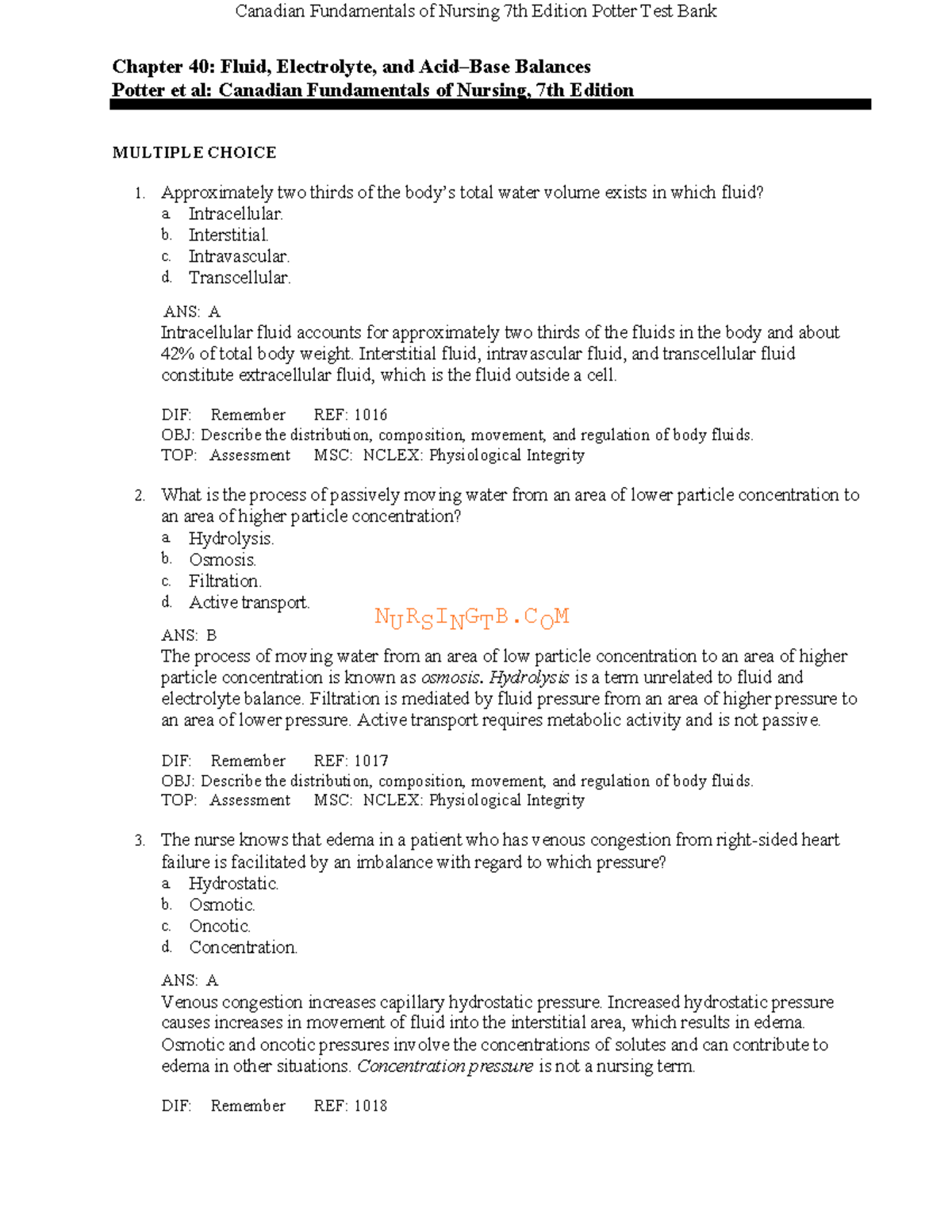 Canadian Fundamentals of Nursing 7th Ed. Test Bank: Chapter 40 Fluid ...