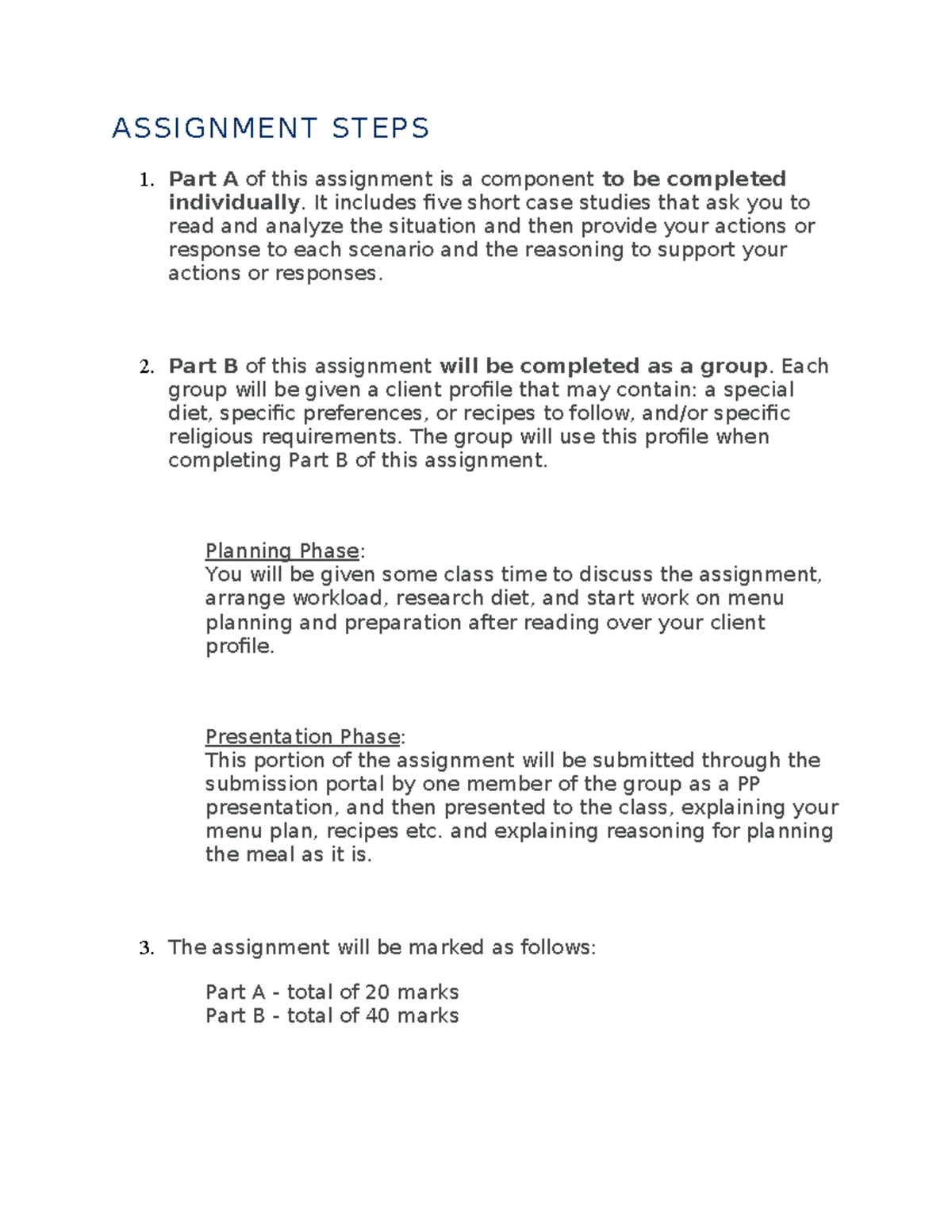 PSW 101 Assignment: Case Studies Analysis & Group Menu Planning Steps ...