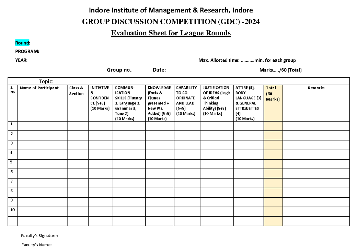 GD Evaluation Sheet (League Rounds) GDC-2024 iimr - Indore Institute of ...