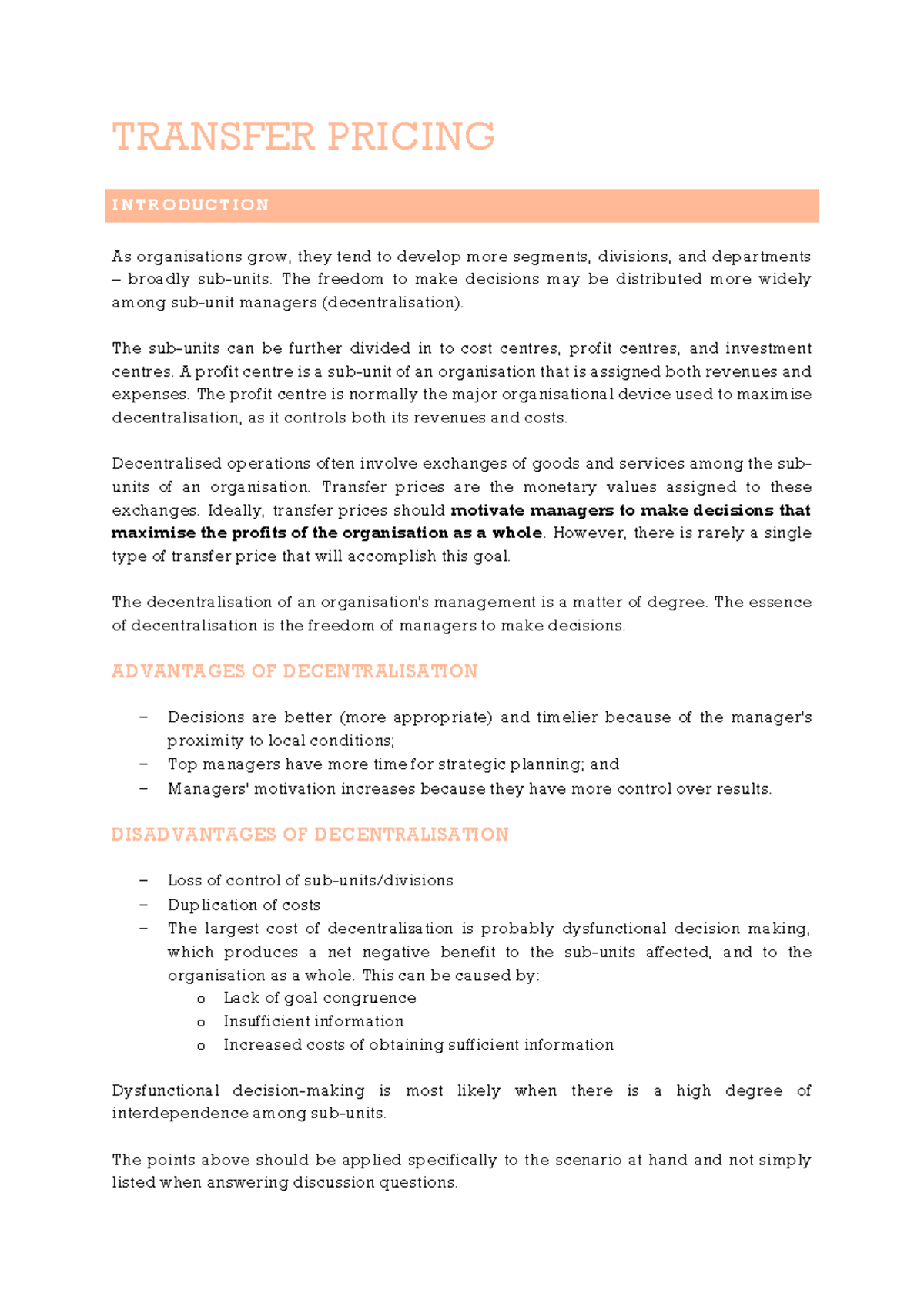 Transfer Pricing Analysis and Key Insights - Notes - Studocu