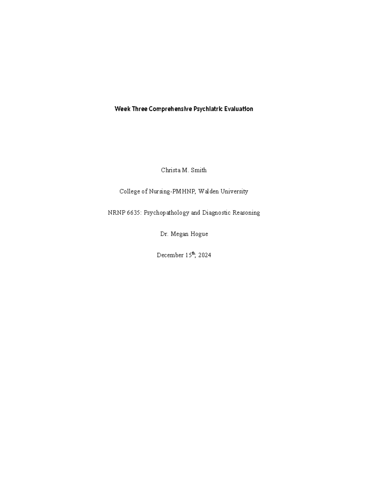 NRNP 6635 Week 3: Comprehensive Psychiatric Evaluation Template - Studocu