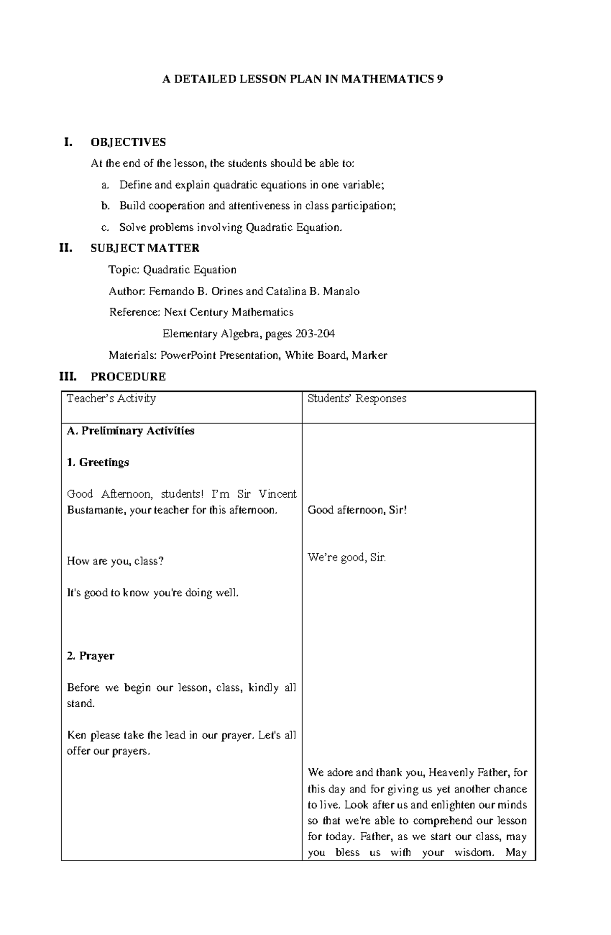 Mathematics 9: Detailed Lesson Plan on Quadratic Equations - Studocu