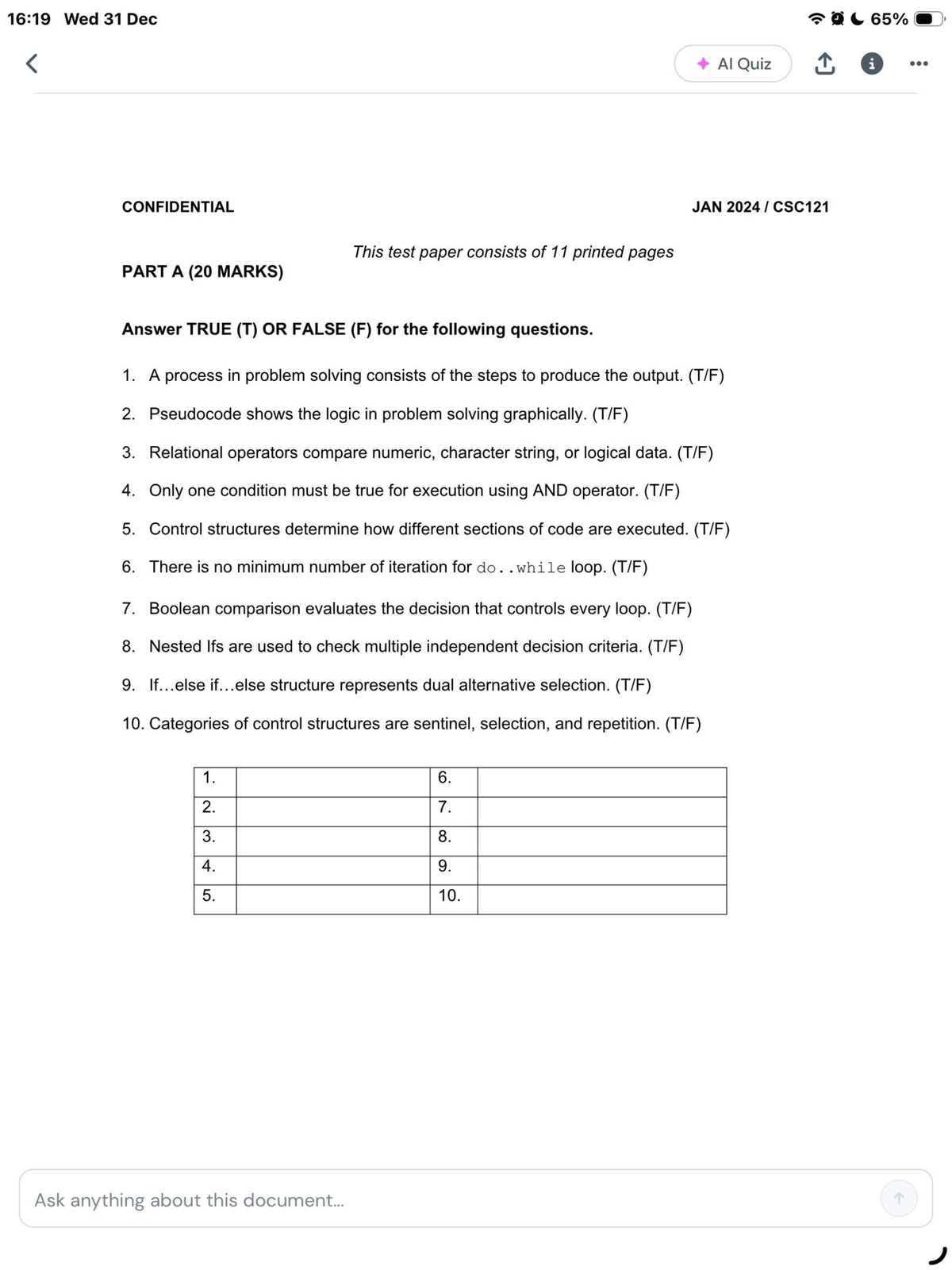 CSC121 AI Quiz - Test Questions (CONFIDENTIAL JAN 2024) - Studocu
