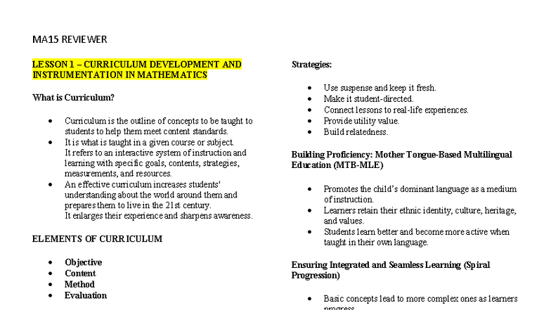 MA15- Reviewer - MA15 REVIEWER LESSON 1 – CURRICULUM DEVELOPMENT AND ...