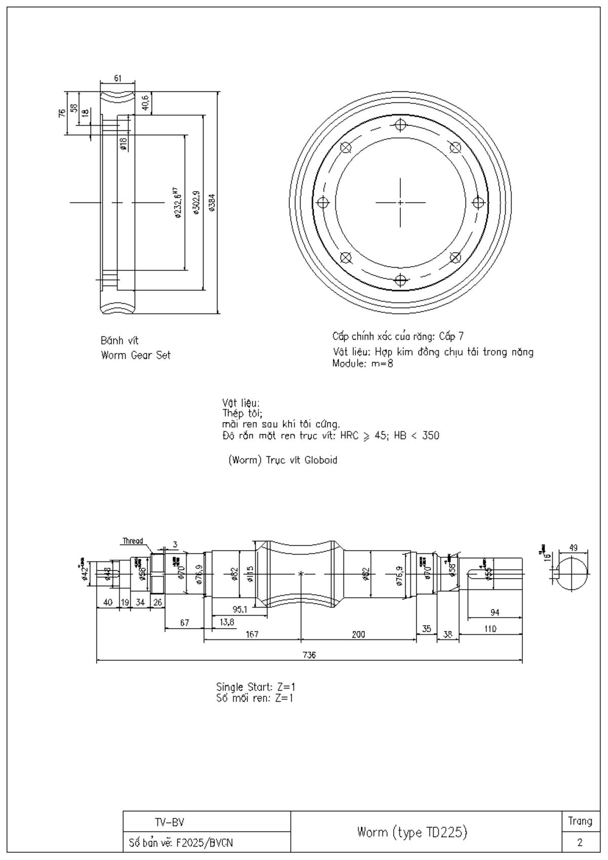 61 58 40: Worm Gear Set & Material Specifications for Type 225 - Studocu
