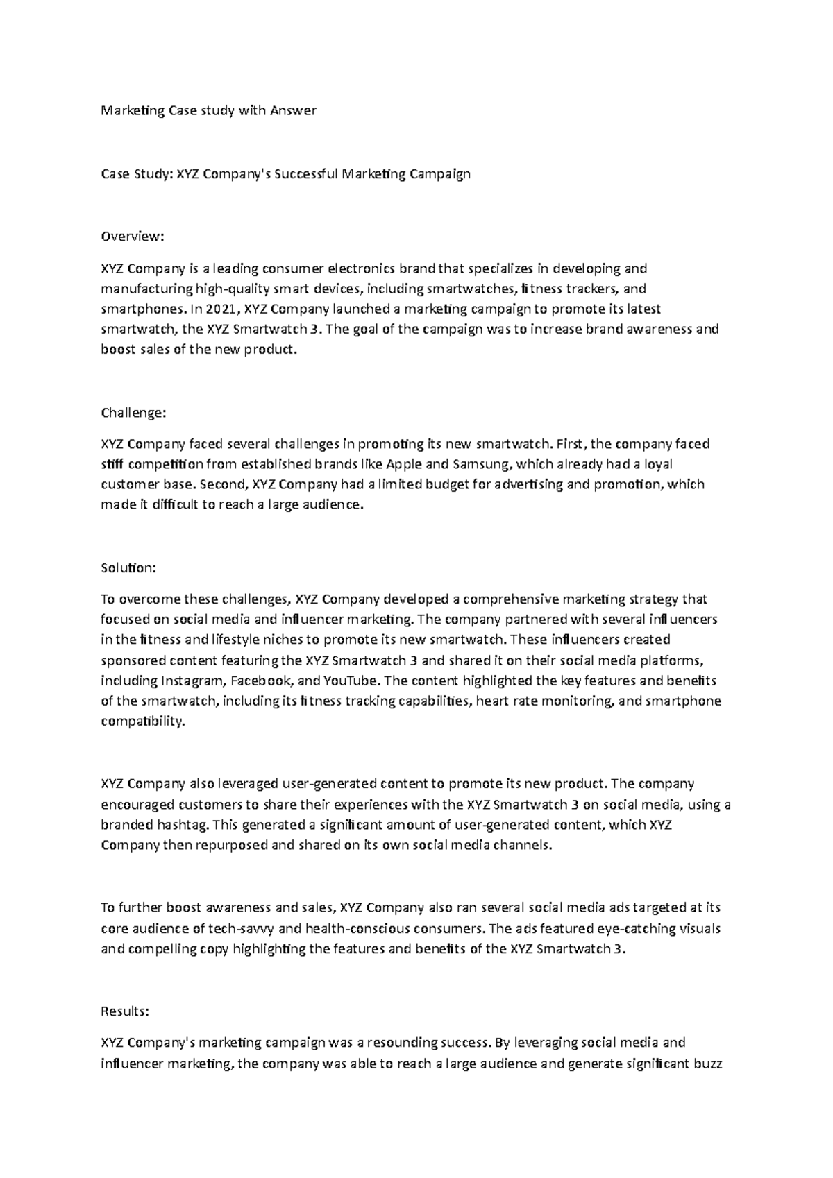 MKT 101: Case Study on XYZ Company’s Marketing Success - Studocu