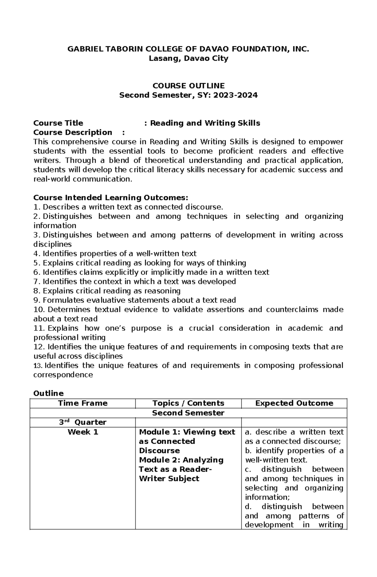 Course Outline: Reading & Writing Skills 11 - 2nd Sem 2023 - Studocu