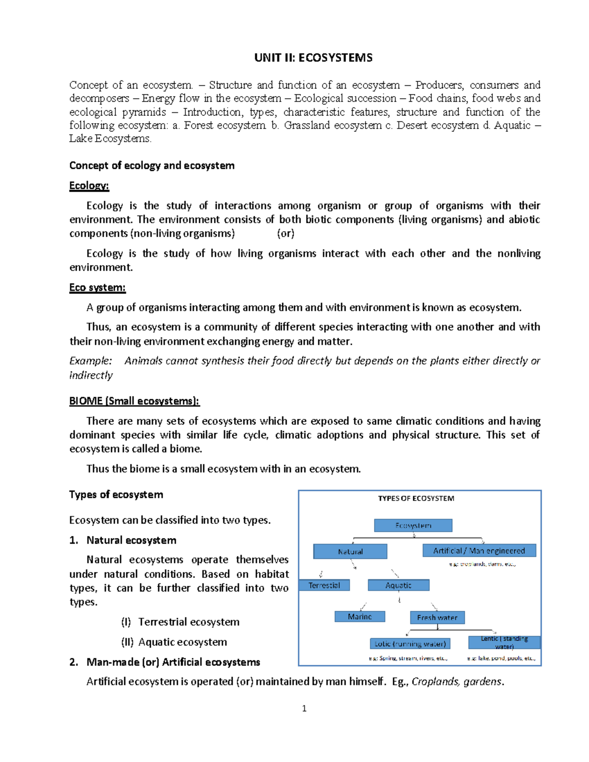 UNIT II: Ecosystems - Comprehensive Lecture Notes on Structure ...