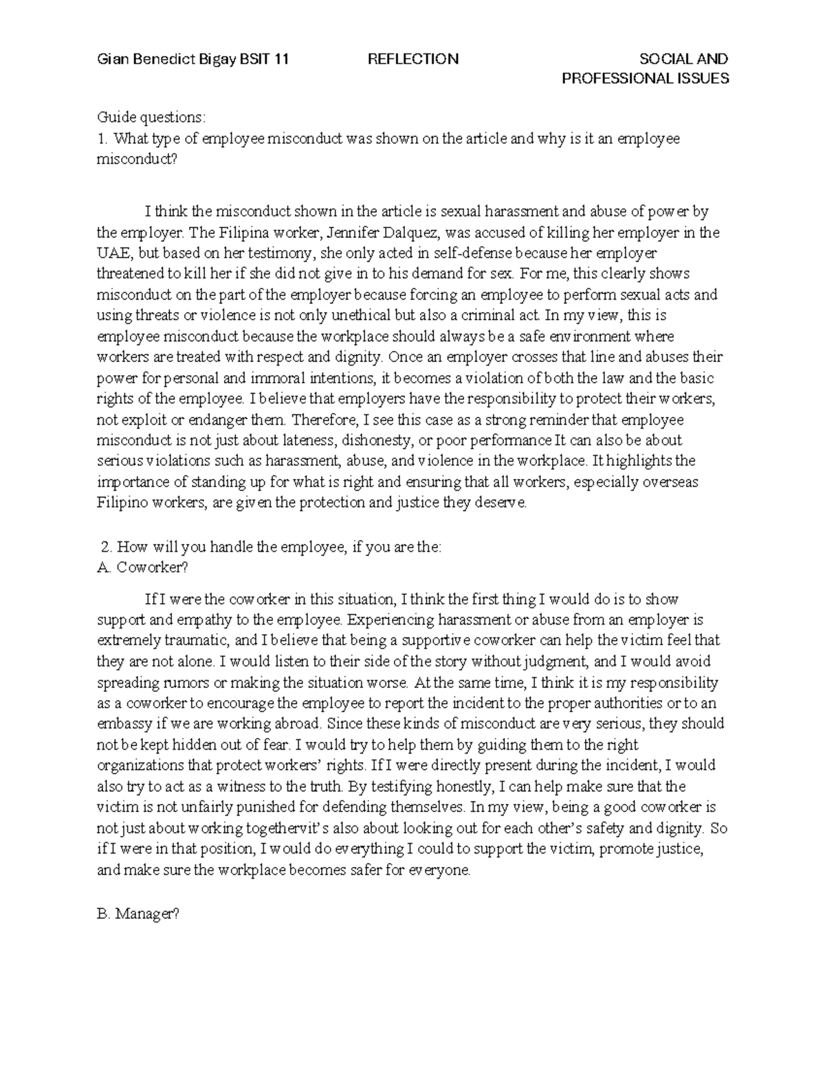 BSIT 11 Reflection on Social & Professional Issues: Employee Misconduct ...