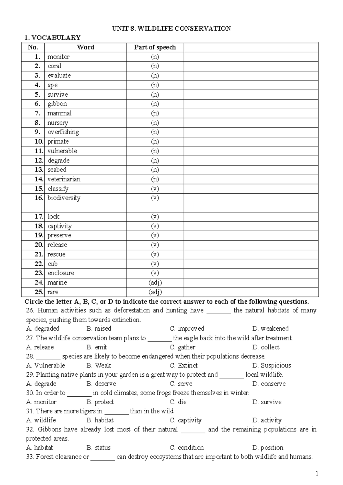 G12 - UNIT 8 - Wildlife Conservation - Vocabulary & Exercises - Studocu
