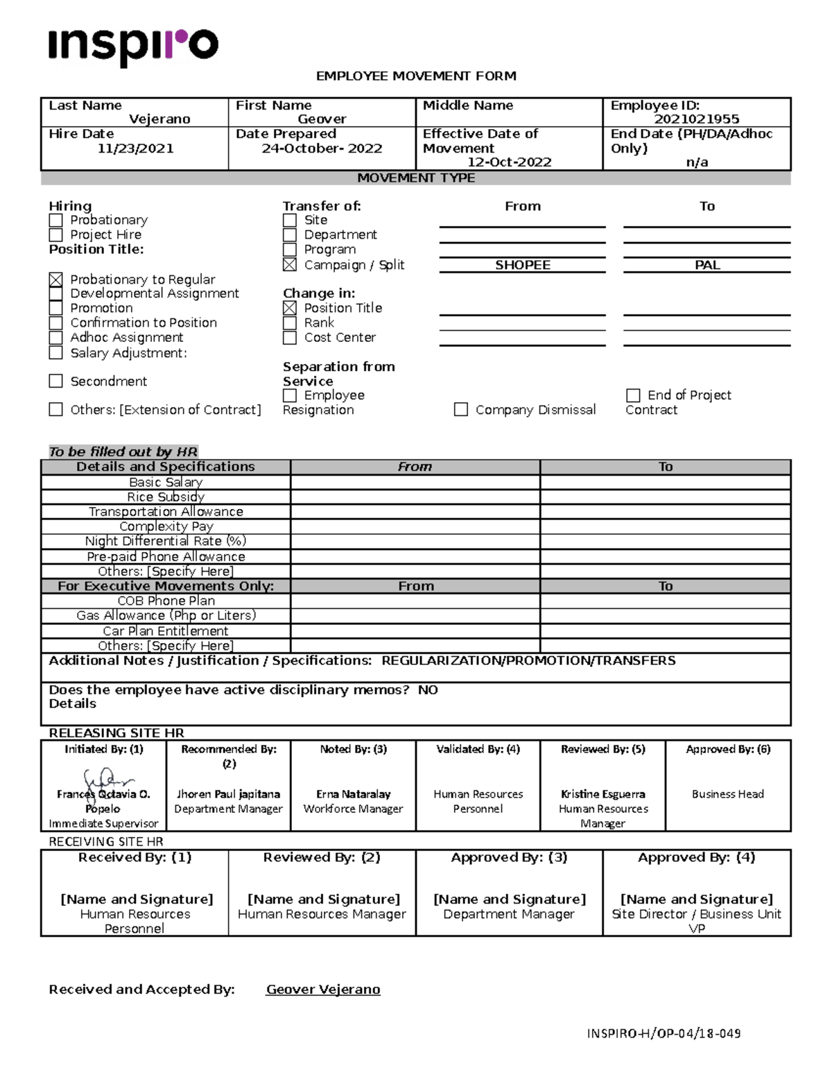 Employee Movement Form - Vejerano - Employee ID 2021021955 - Studocu