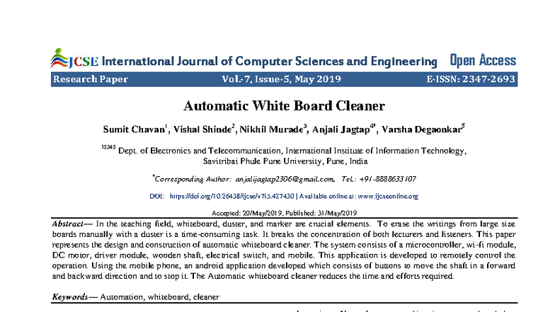 Automatic Whiteboard Cleaner Design and Implementation (IJCSE, May 2019 ...