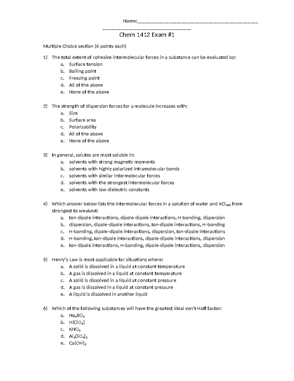 Chem 1412 Exam #1: Multiple Choice & Short Answer Questions Guide - Studocu