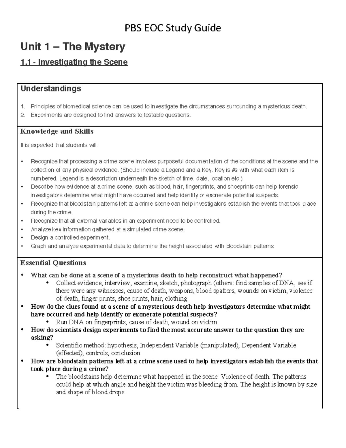 PBS EOC Study Guide: Unit 1 - Investigating Mysterious Deaths ...
