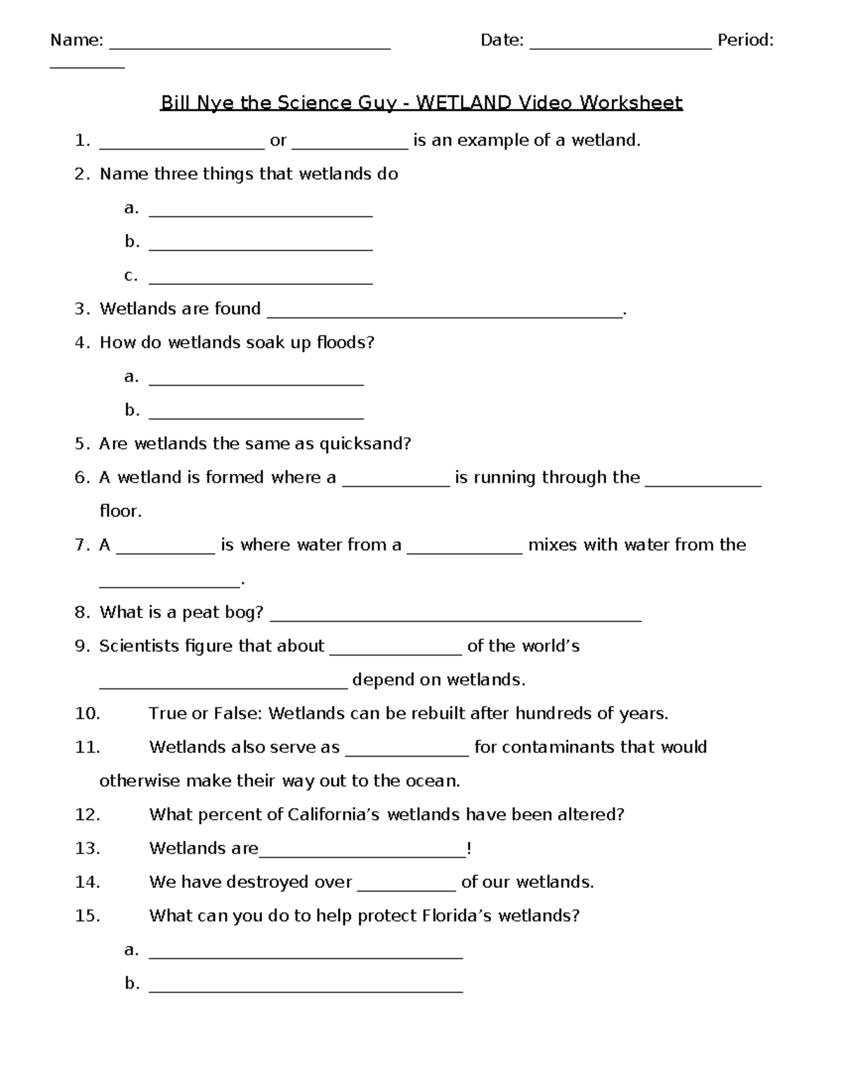 Bill Nye WETLAND Video Worksheet - Science Guy Lesson Notes - Studocu