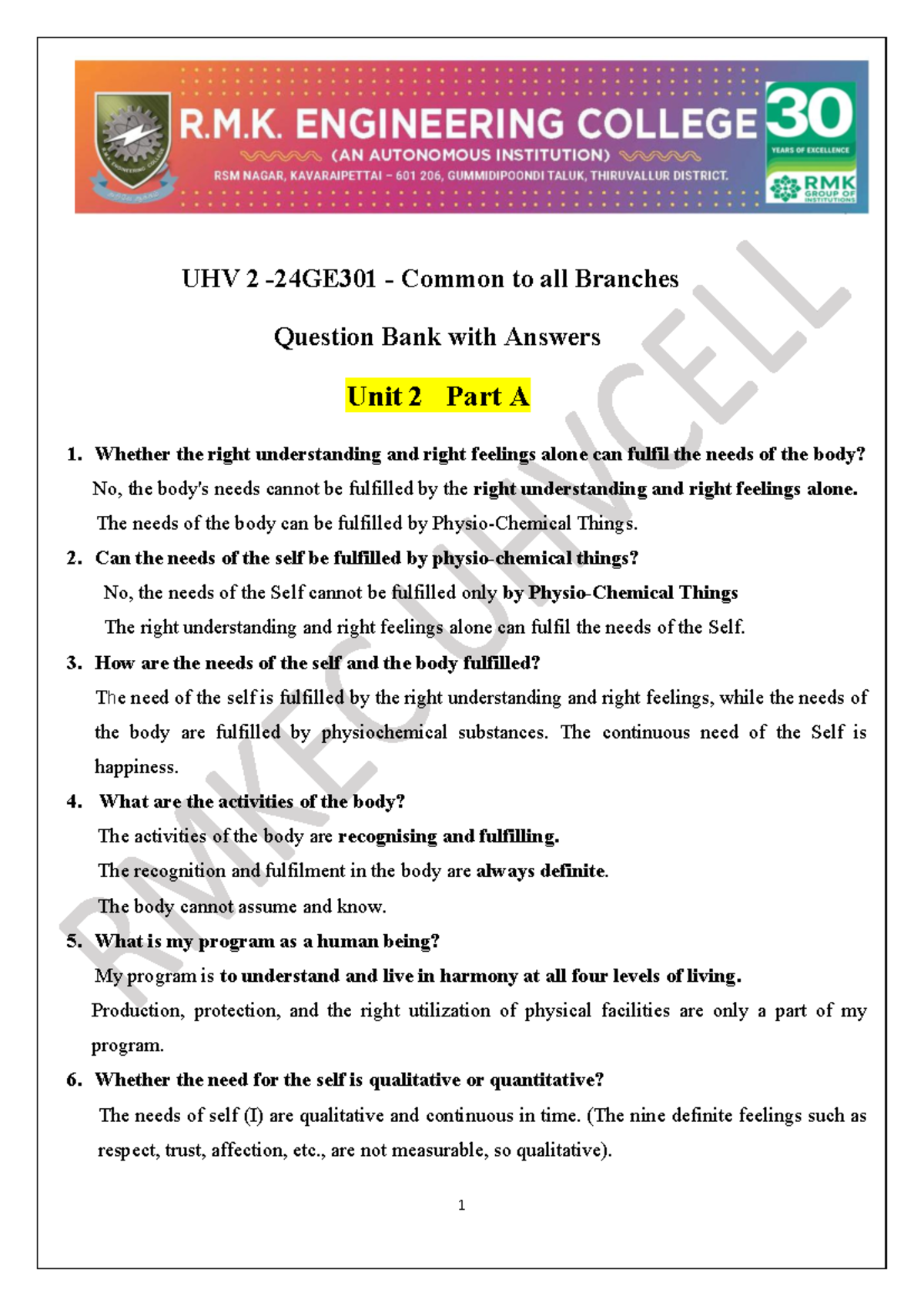 Unit 2 Question Bank with Answers for UHV 2 Odd Sem 2025-26 - Studocu