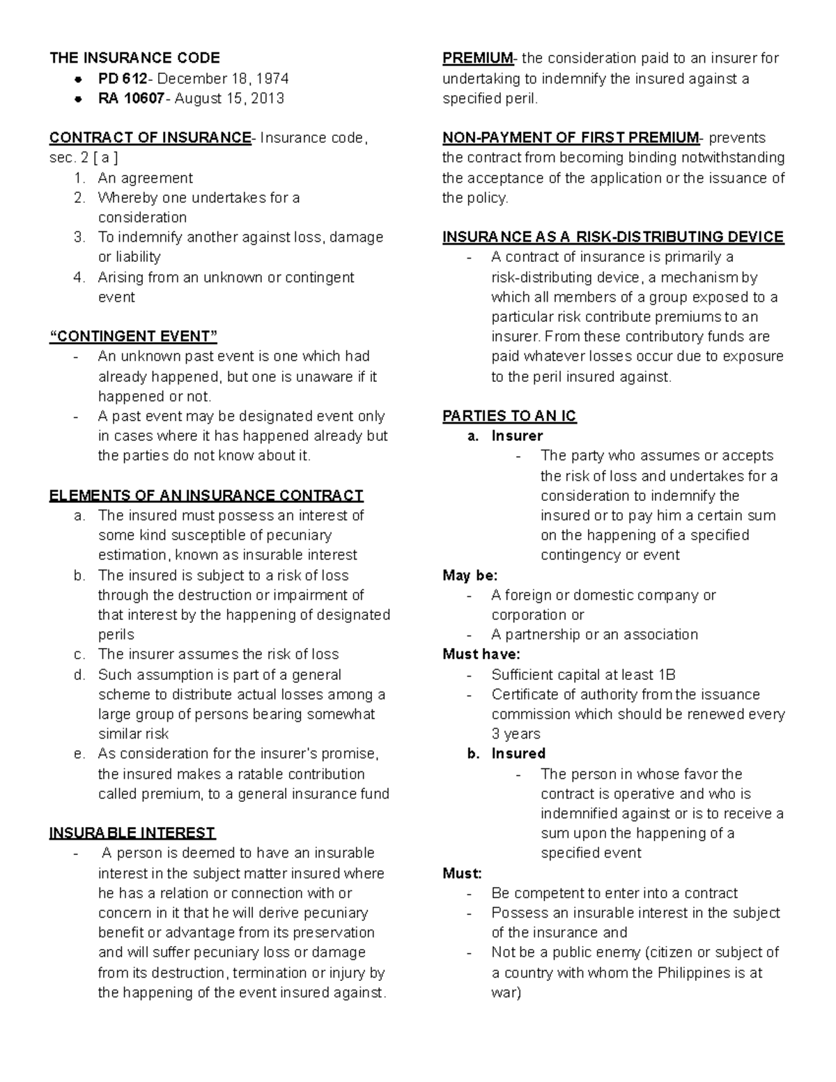 Insurance Code Overview: Key Elements & Principles of Contracts - Studocu