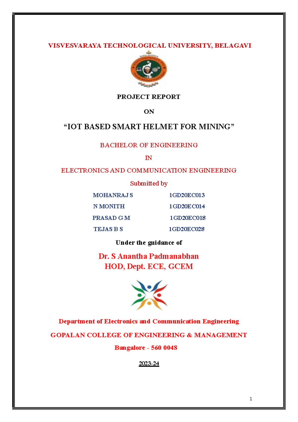 IoT-Based Smart Helmet for Mining (ECE Project Report 2023-24) - Studocu