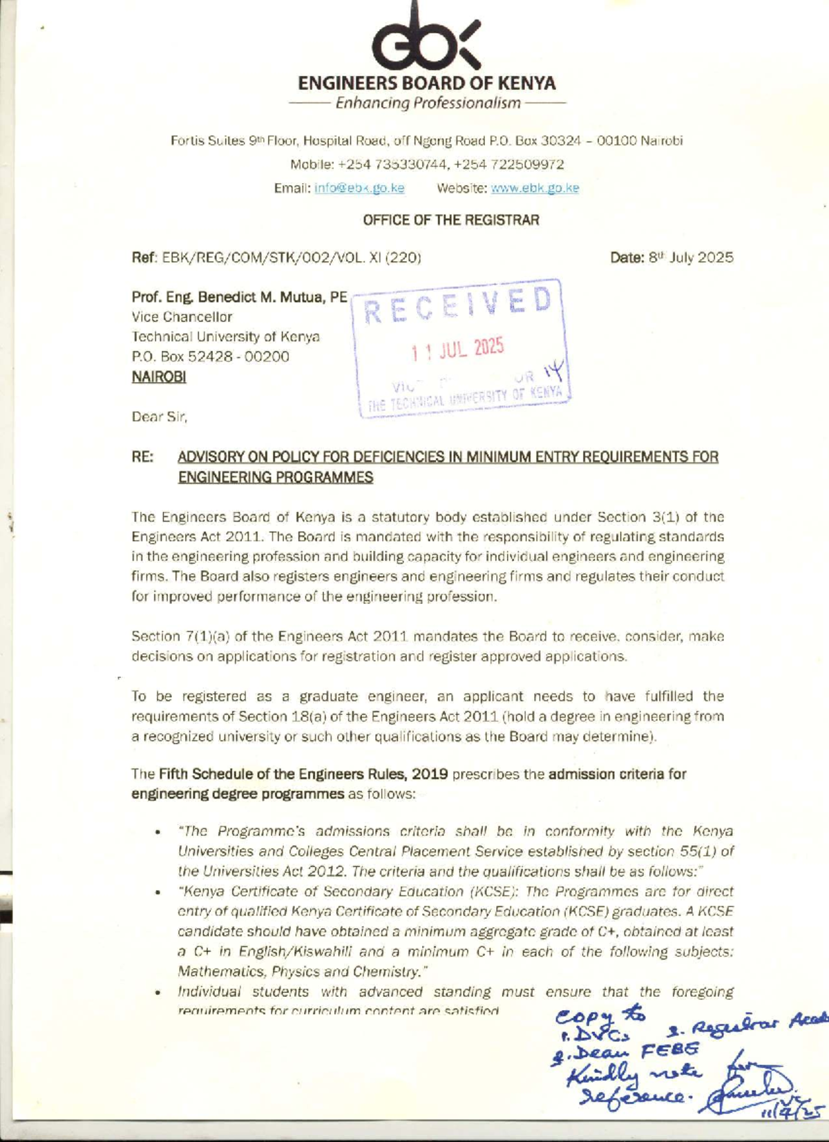Advisory on Policy for Deficiencies in Engineering Entry Requirements ...