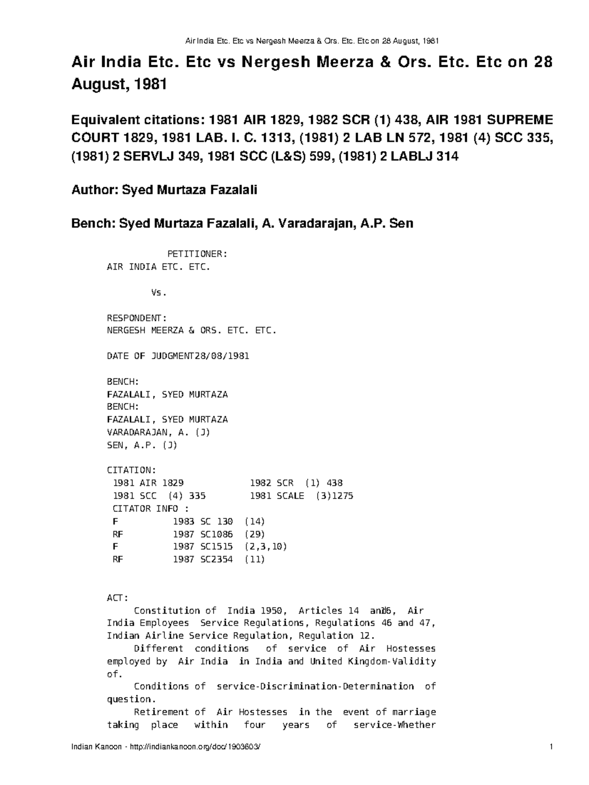 Air India Etc Etc vs Nergesh Meerza Ors Etc Etc on 28 August 1981-1 ...