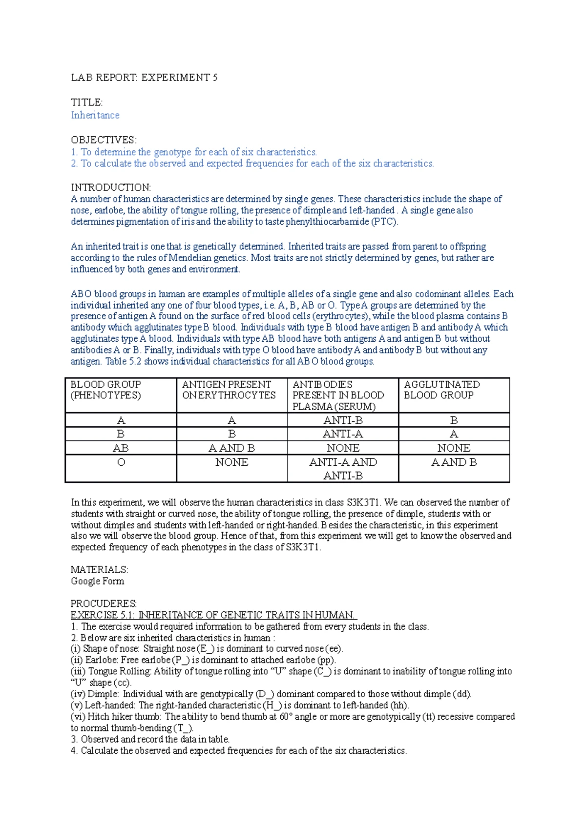 EXP.5 Inheritance Lab Report - BIOLOGY 1 (SB015) LAB REPORT EXPERIMENT 5: INHERITANCE ITEM ...