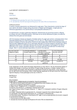 EXP.5 Inheritance Lab Report - BIOLOGY 1 (SB015) LAB REPORT EXPERIMENT 5: INHERITANCE ITEM ...