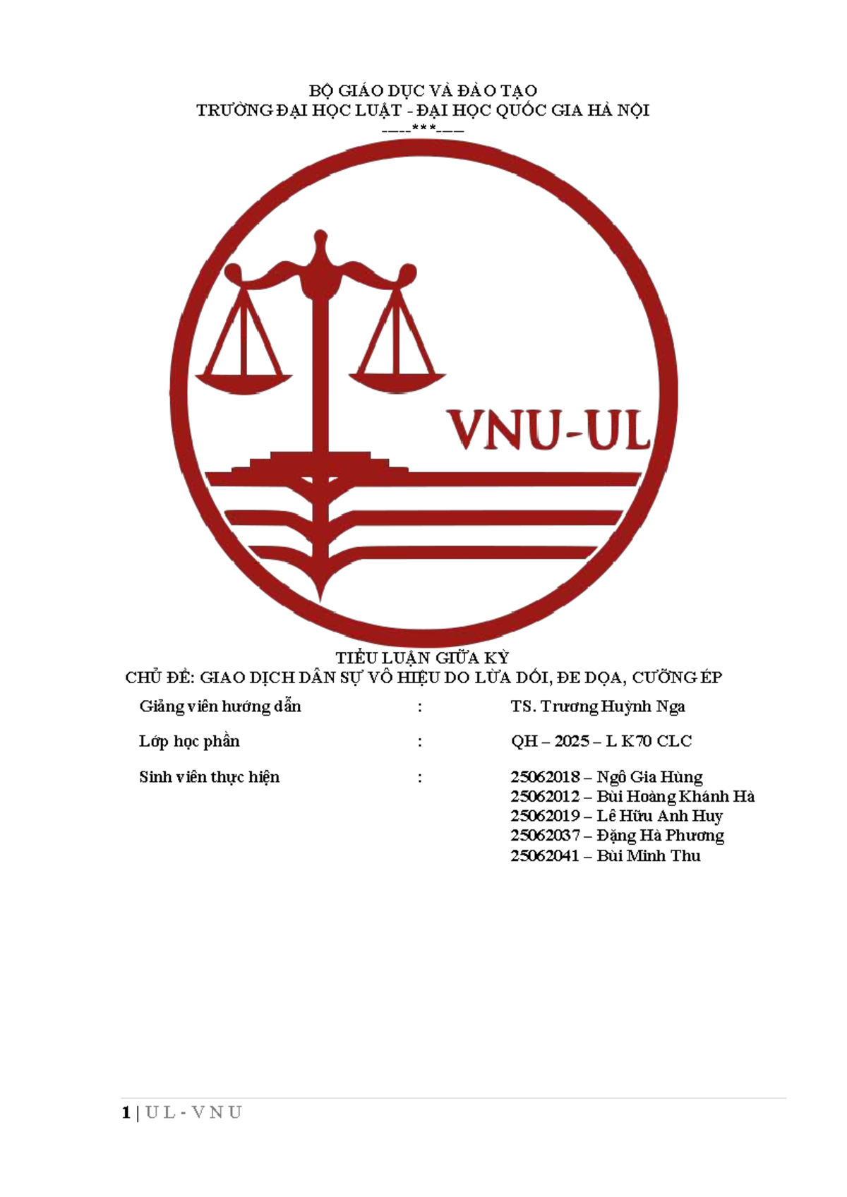 260208 Tiểu Luận Giữa Kỳ: Giao Dịch Dân Sự Vô Hiệu Do Lừa Dối, Đe Dọa ...