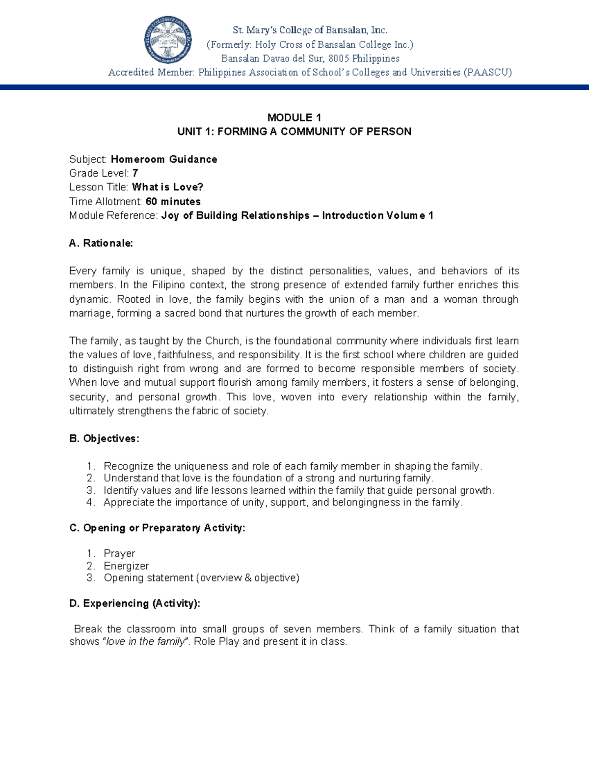 Grade 7 Homeroom Guidance Module 1: What is Love? Lesson Plan - Studocu