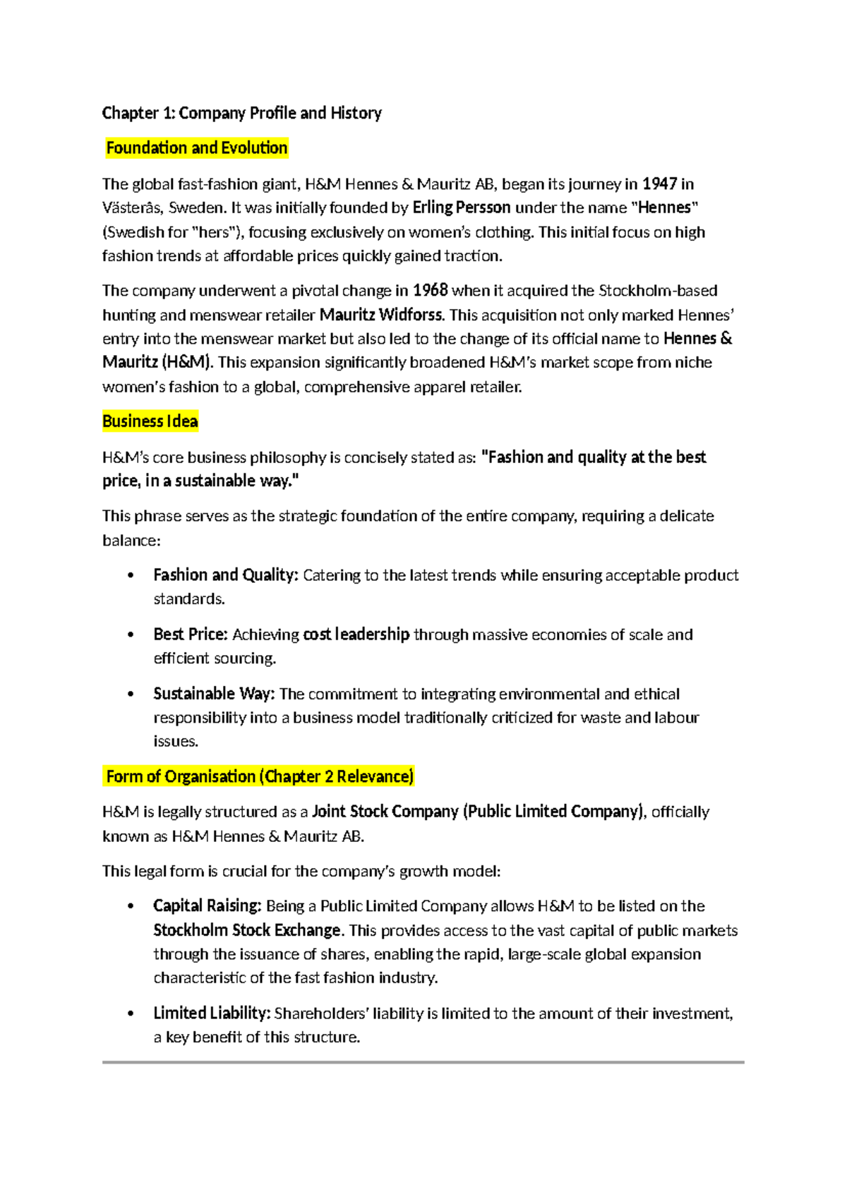 Chapter 1: Company Profile & Evolution of H&M (MNC Study) - Studocu