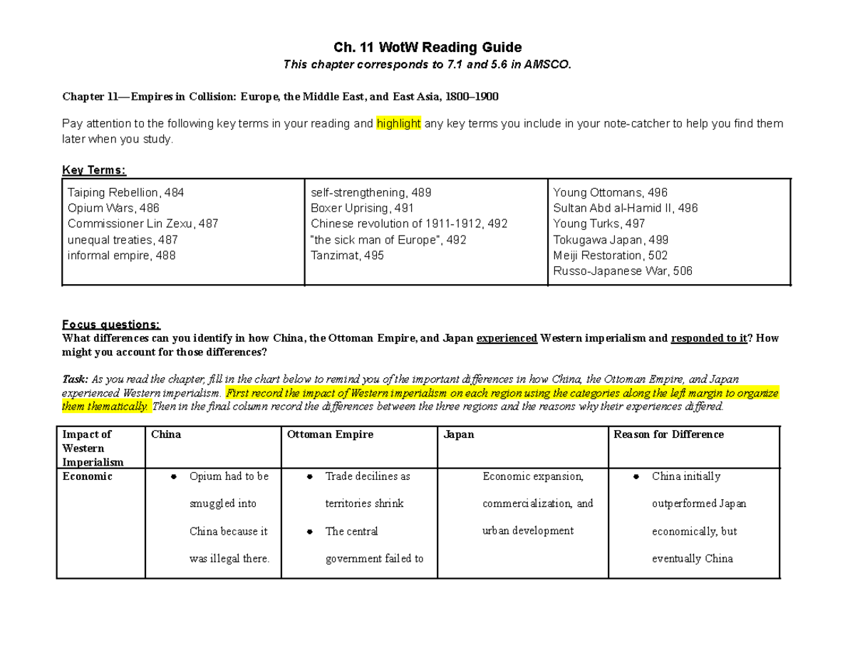Ch 11 Reading Guide: Empires in Collision and Western Imperialism - Studocu