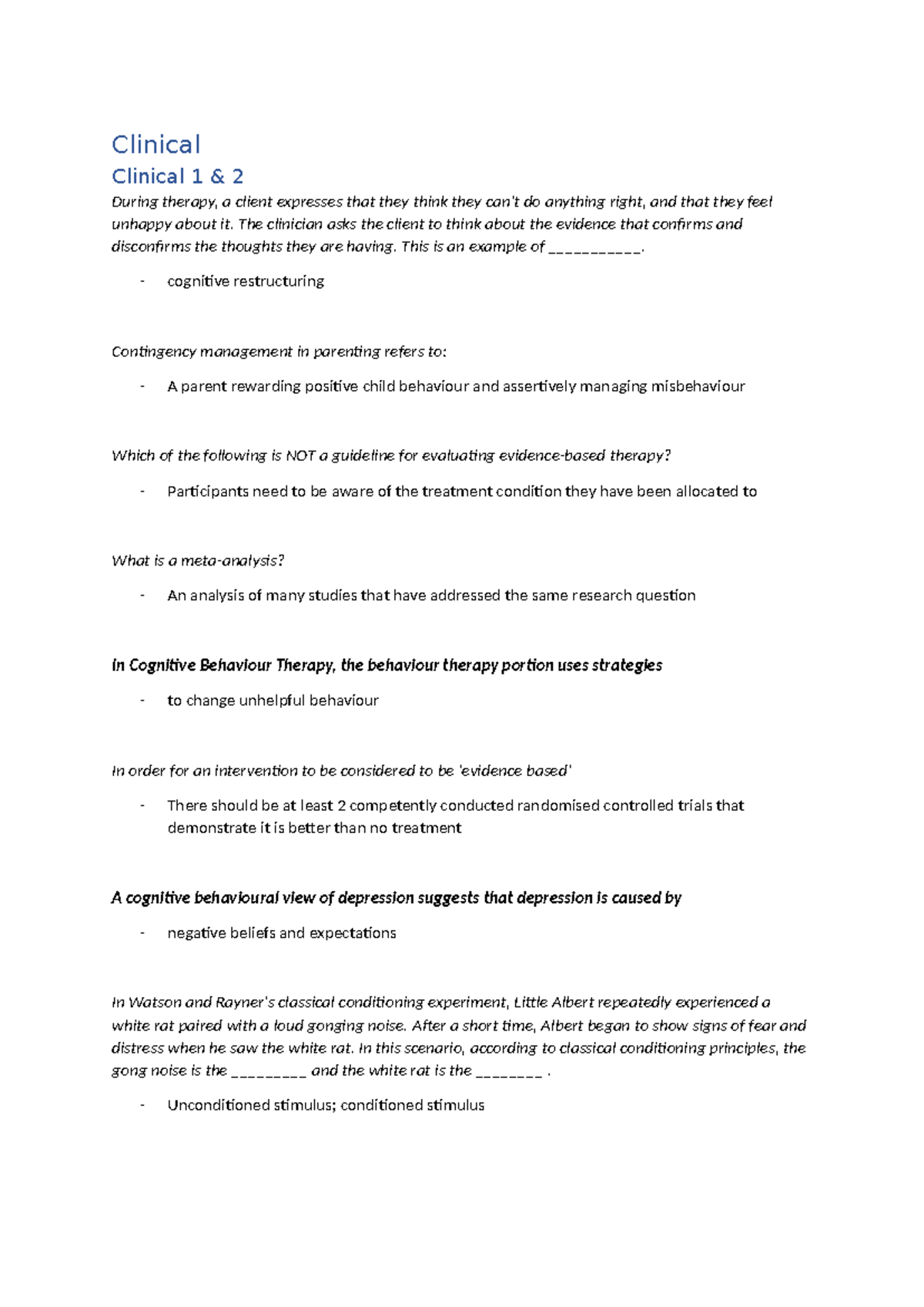 Clinical Psychology Quiz Questions - PSY 101 - Studocu