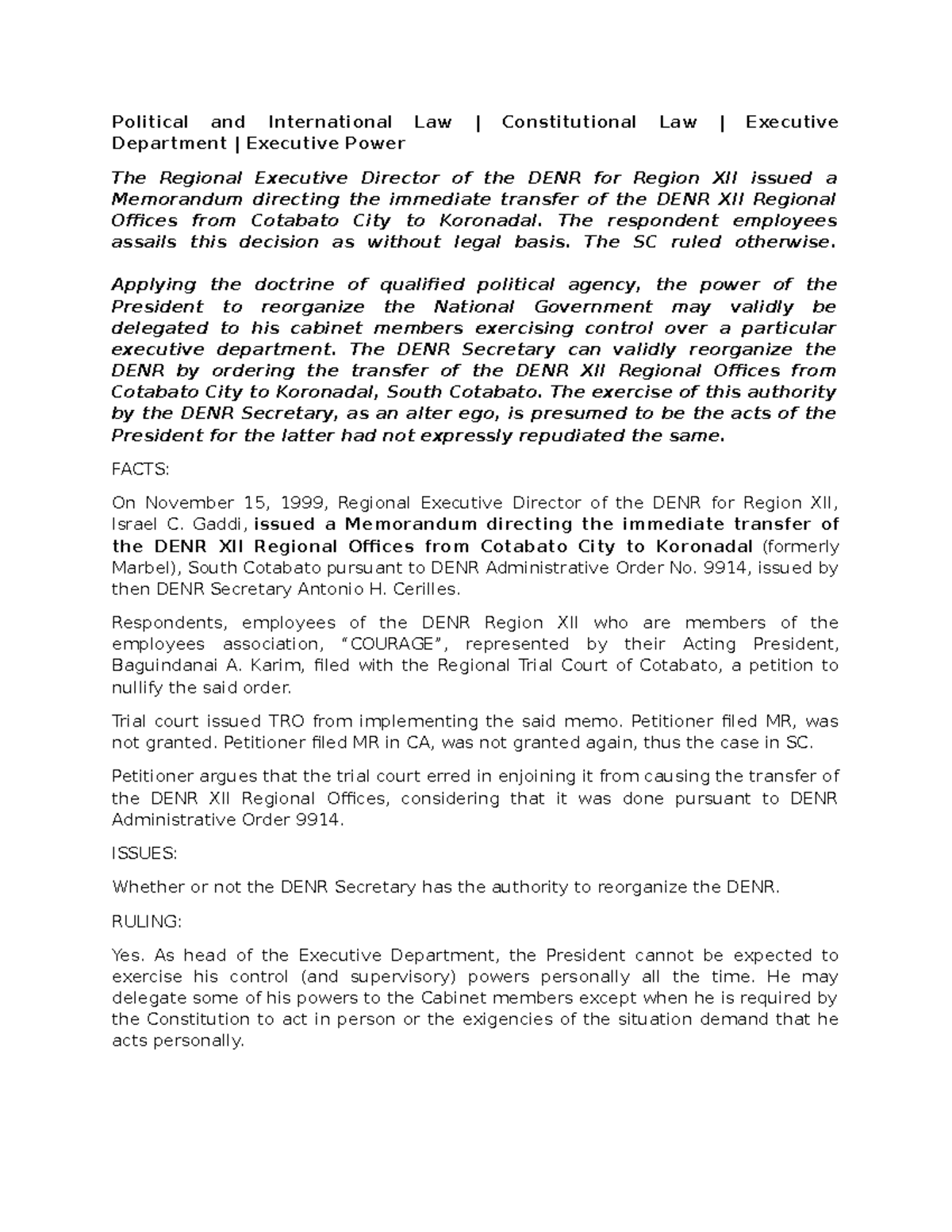DENR V DENR Region XII - Executive Power & Constitutional Law - Studocu