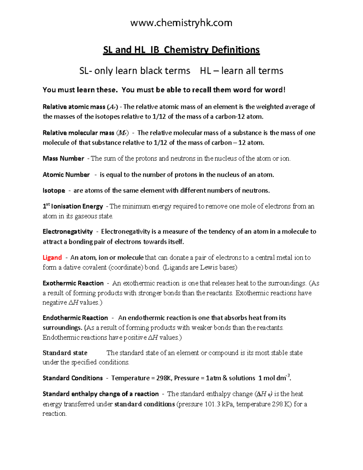 SL HL IB Chemistry Definitions and Key Terms for Mastery - Studocu